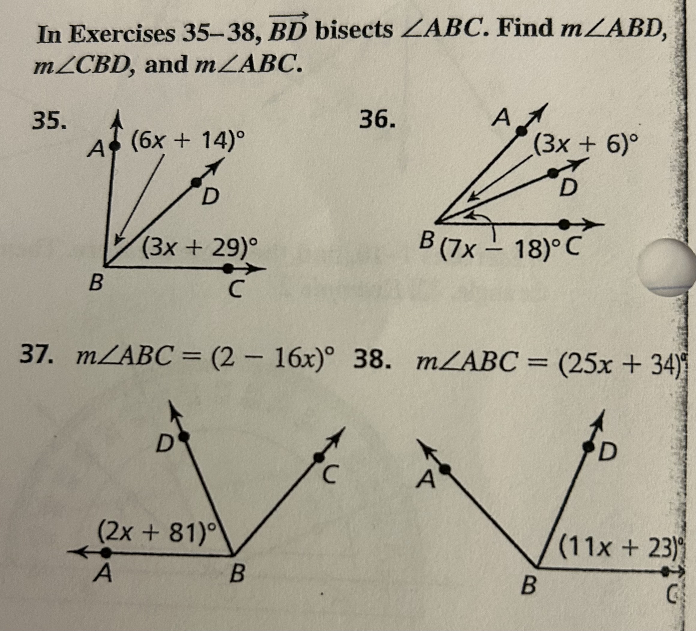 Solved In Exercises 35-38,vec(BD) ﻿bisects ??ABC. ﻿Find | Chegg.com