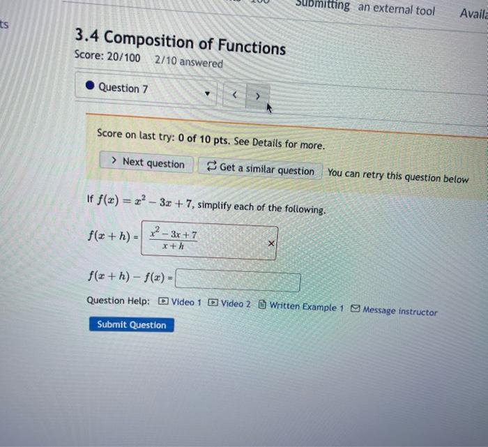 Solved 3.4 Composition of Functions Score: 20/1002/10 | Chegg.com