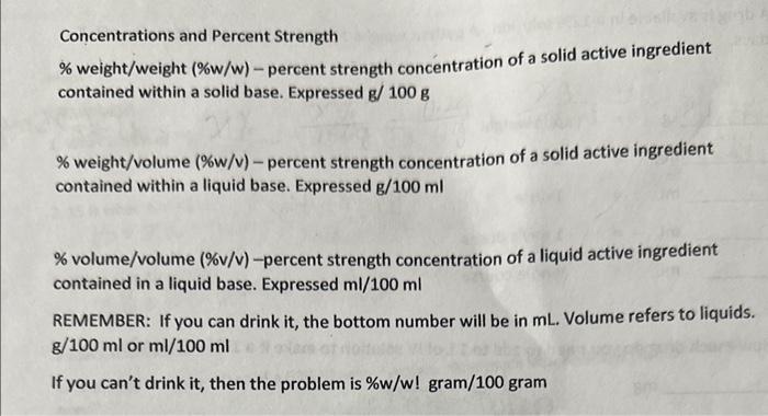 Solved Concentrations and Percent Strength % weight/weight | Chegg.com
