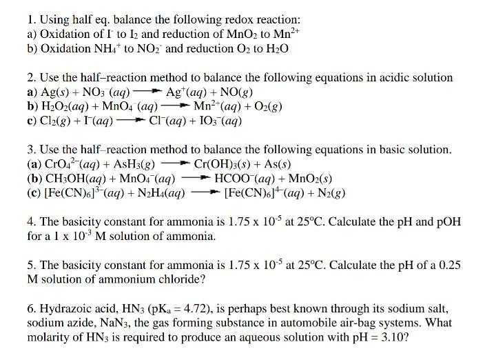 Solved 1. Using half eq. balance the following redox | Chegg.com