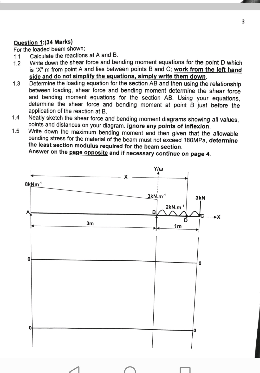 Solved 3Question 1:(34 ﻿Marks)For the loaded beam shown;1.1 | Chegg.com
