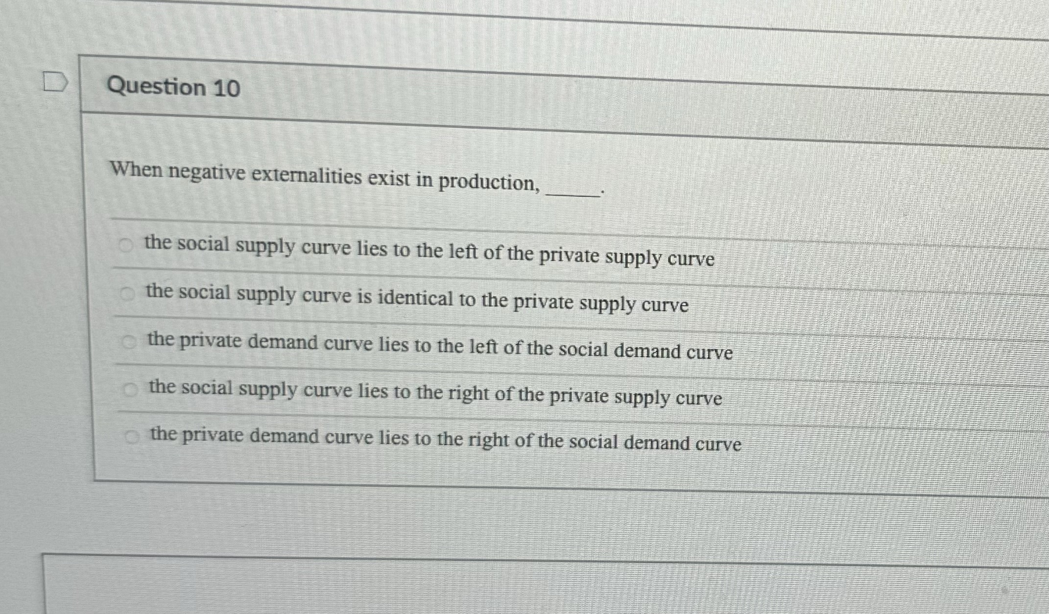 Solved Question 10When negative externalities exist in | Chegg.com