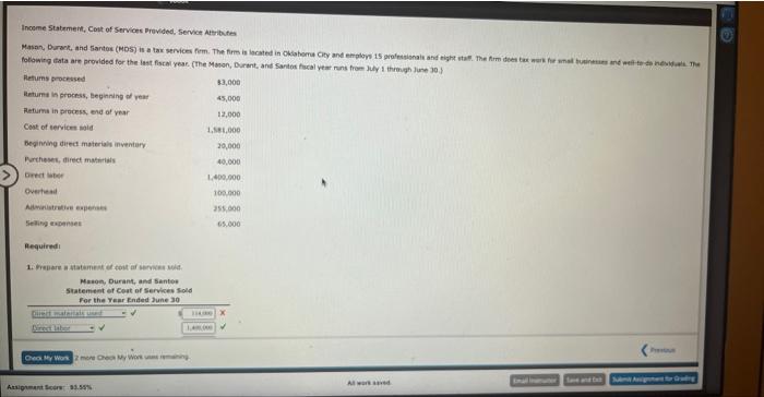 Solved Inocme Statrment, Cott of Services Provided, Service | Chegg.com