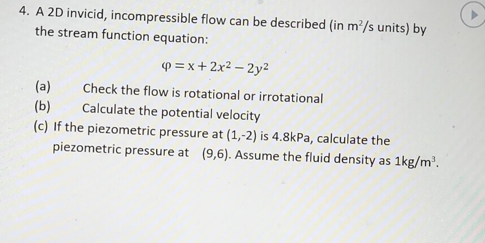 Solved 4. A 2D invicid, incompressible flow can be described | Chegg.com