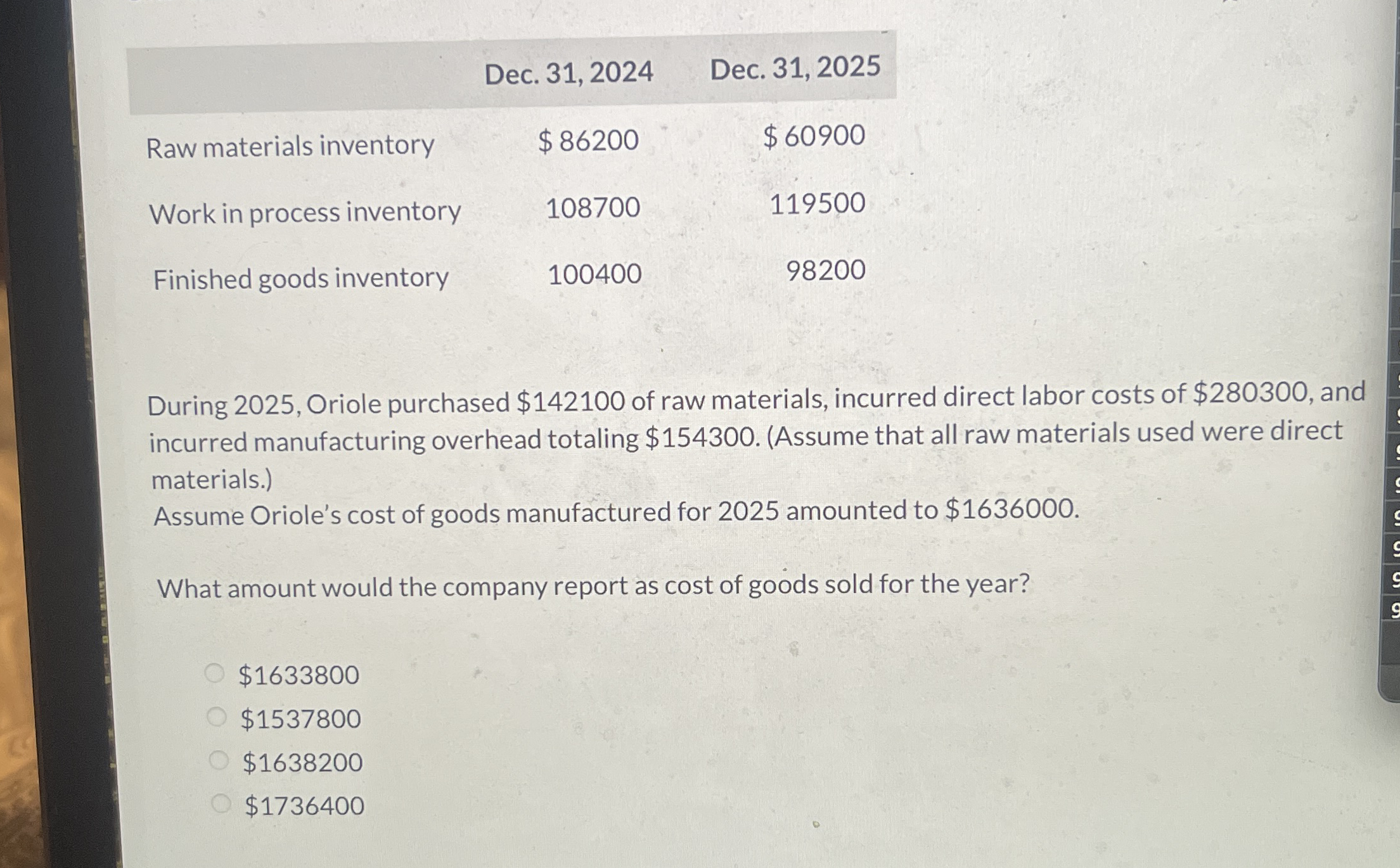 \table[[,Dec. 31,2024,Dec. 31,2025],[Raw materials | Chegg.com
