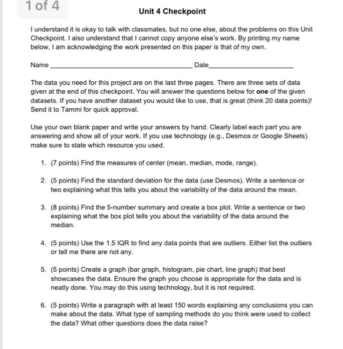 Solved 1 of 4 Unit 4 Checkpoint I understand it is okay to | Chegg.com