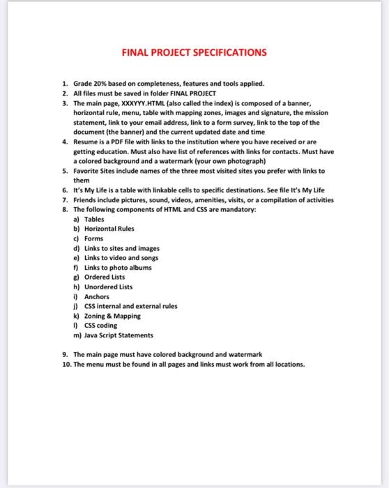 FINAL PROJECT SPECIFICATIONS 1. Grade 20% based on | Chegg.com
