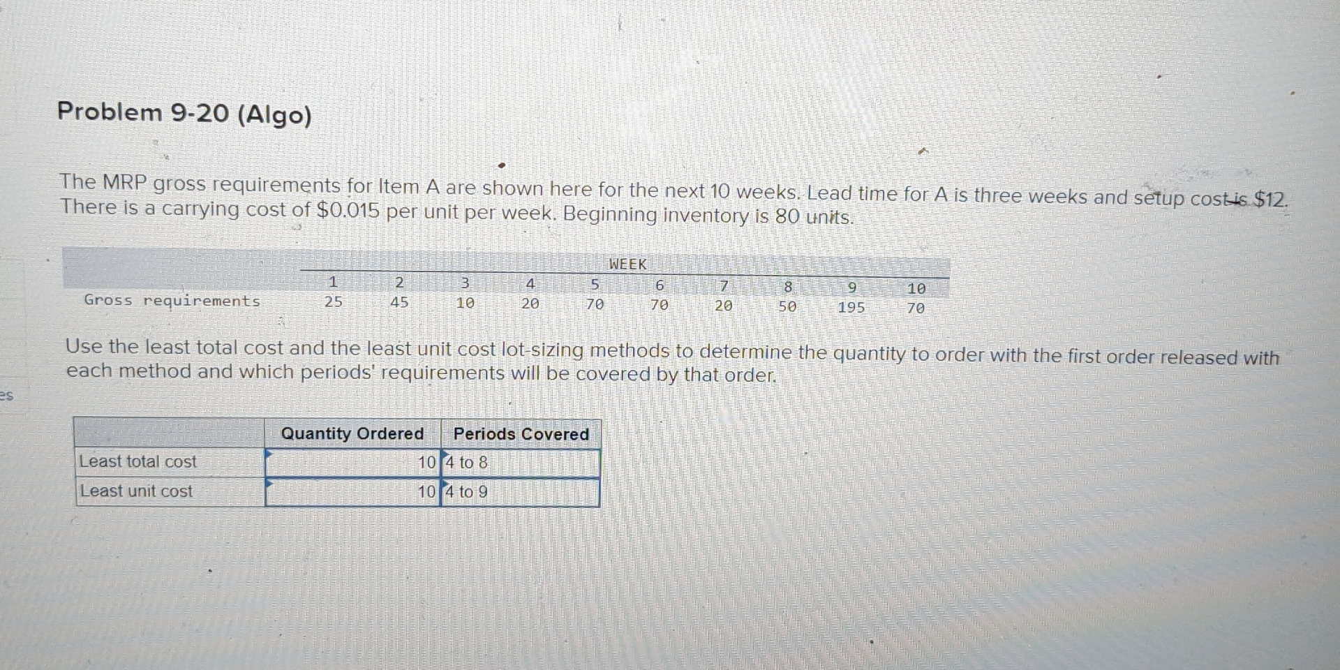 Problem 9-20 (Algo)The MRP gross requirements for | Chegg.com