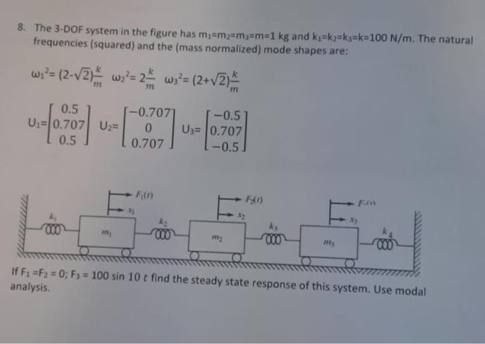 Solved 8. The 3-DOF system in the figure has m1=m2=m3=m=1 kg | Chegg.com