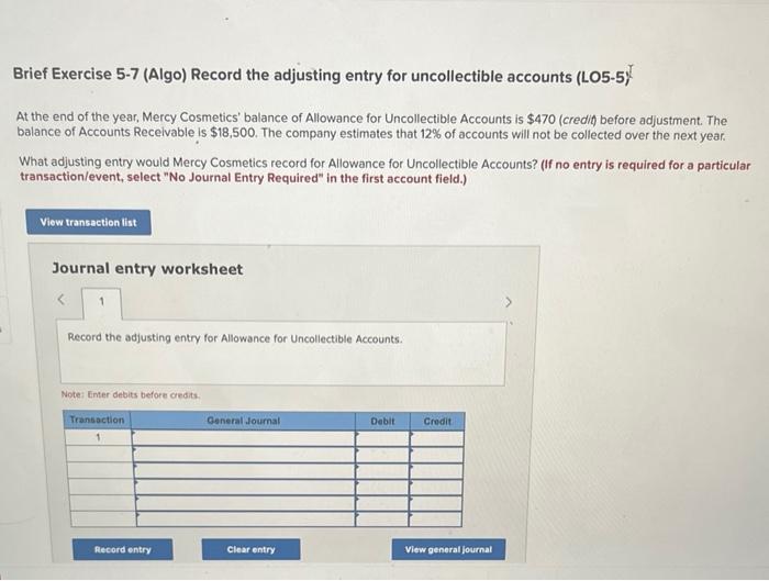Solved Brief Exercise 5-7 (Algo) Record the adjusting entry | Chegg.com
