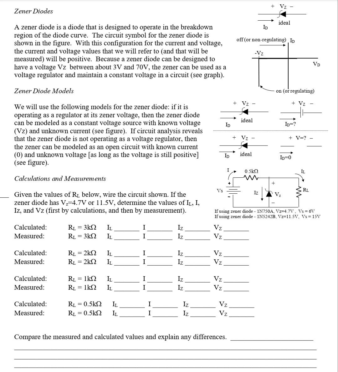 Solved + Vz- Zener Diodes ideal ID off (or non-regulating) | Chegg.com
