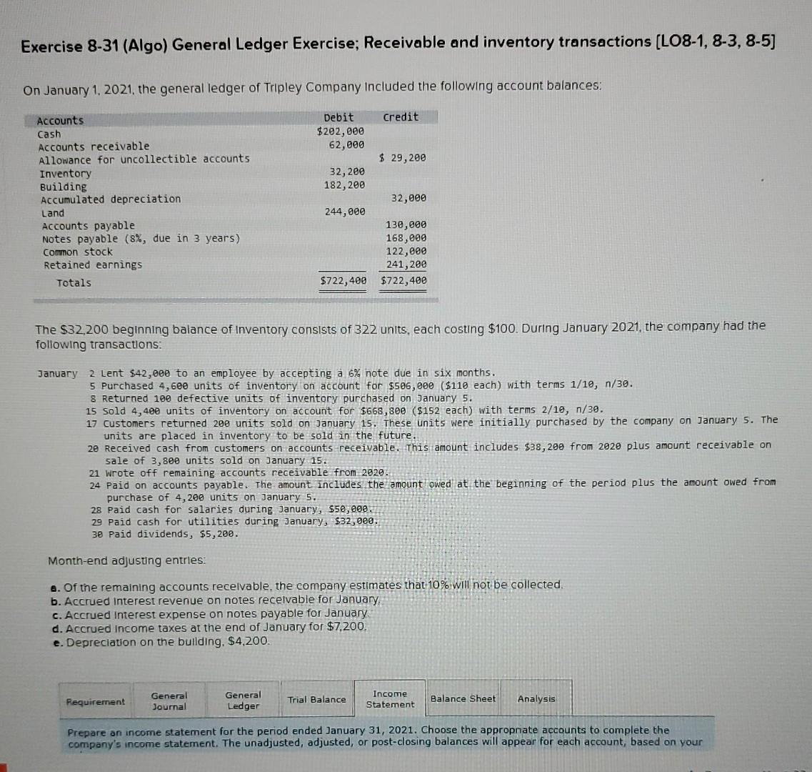 Solved Exercise 8-31 (Algo) General Ledger Exercise; | Chegg.com