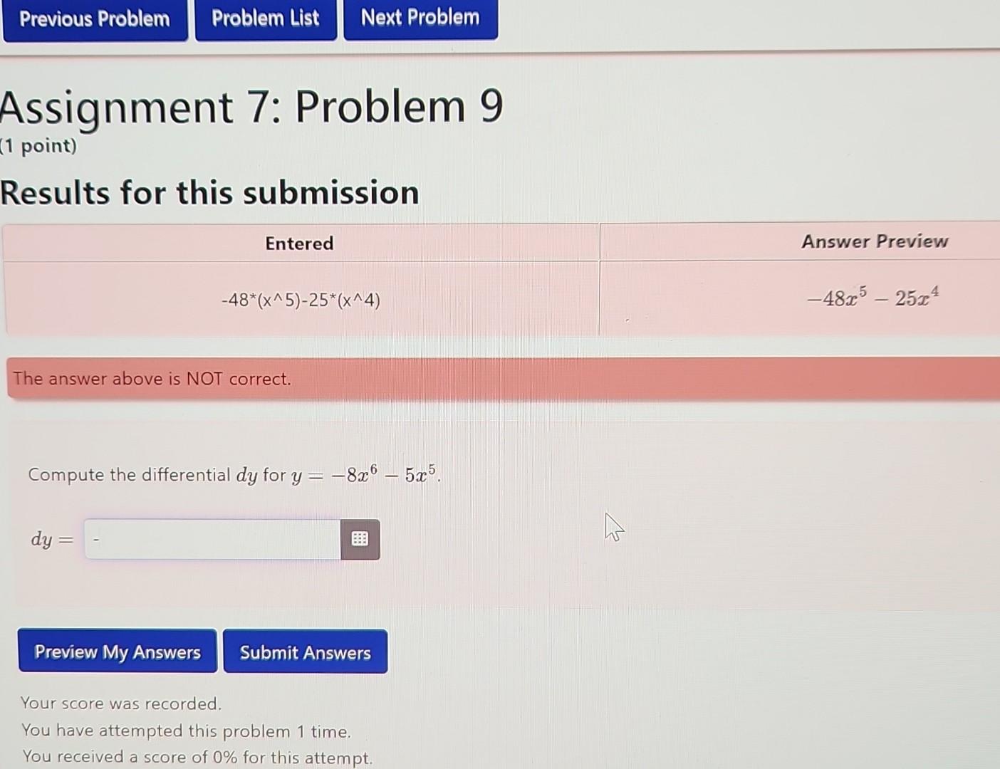 Solved Assignment 7: Problem 9 (1 point) Results for this | Chegg.com