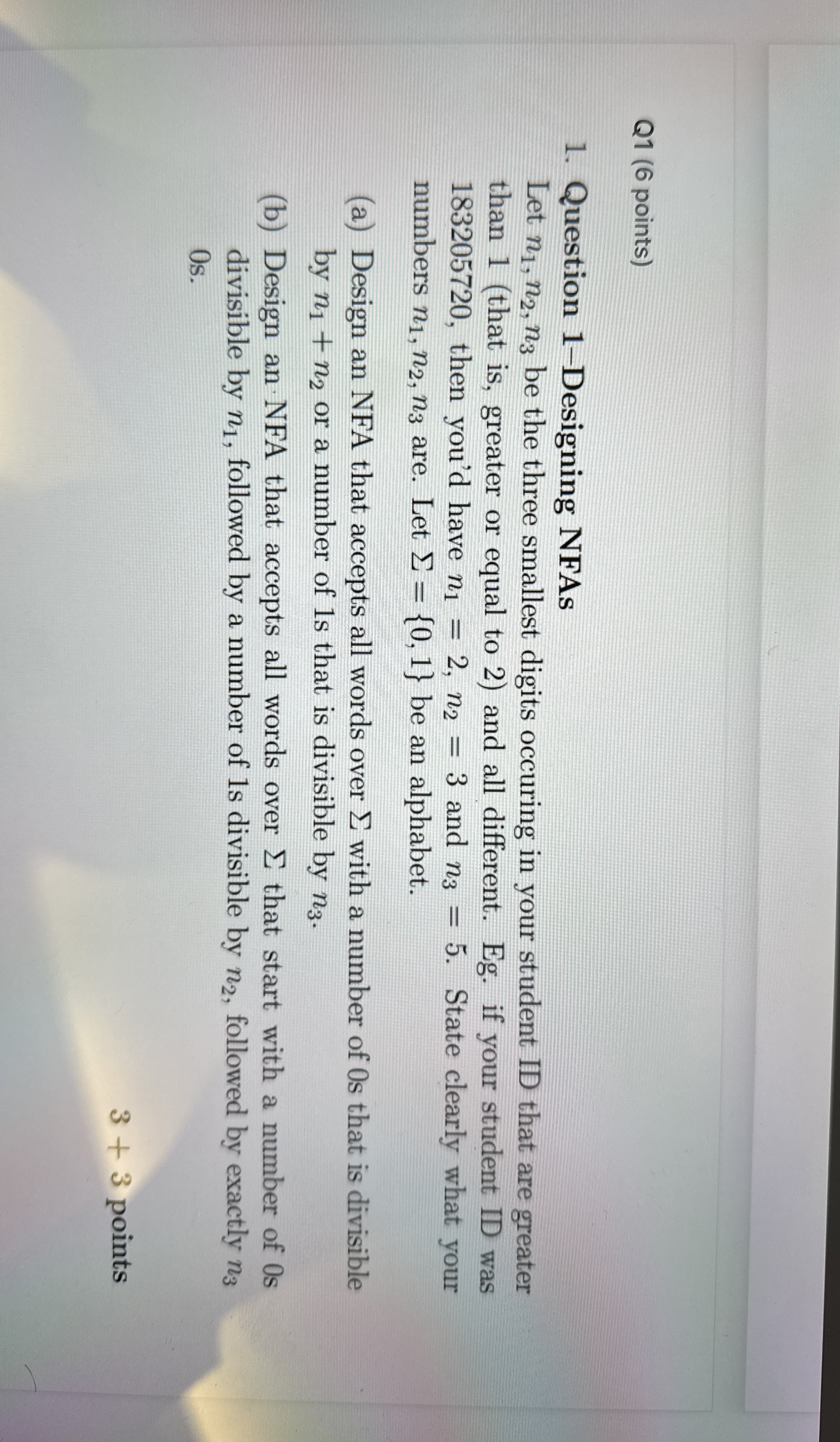 Solved Q1 (6 ﻿points)Question 1-Designing NFAsLet n1,n2,n3 | Chegg.com