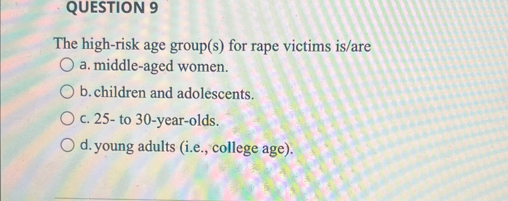 Solved QUESTION 9The high-risk age group(s) ﻿for rape | Chegg.com