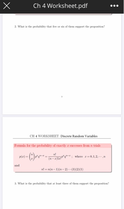 Solved X Ch 4 Worksheet.pdf CH 4 WORKSHEET: Discrete Random | Chegg.com