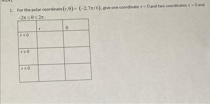 Solved 1. For the polar coordinate (r,θ)=(−2,7π/6), give one | Chegg.com