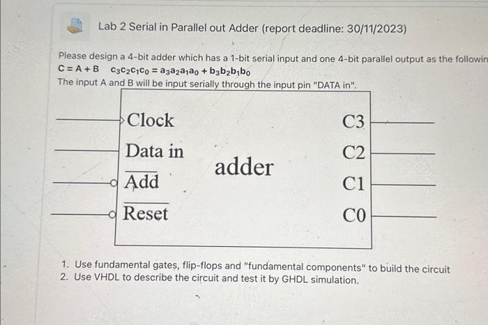 Solved Lab 2 Serial in Parallel out Adder (report deadline: | Chegg.com
