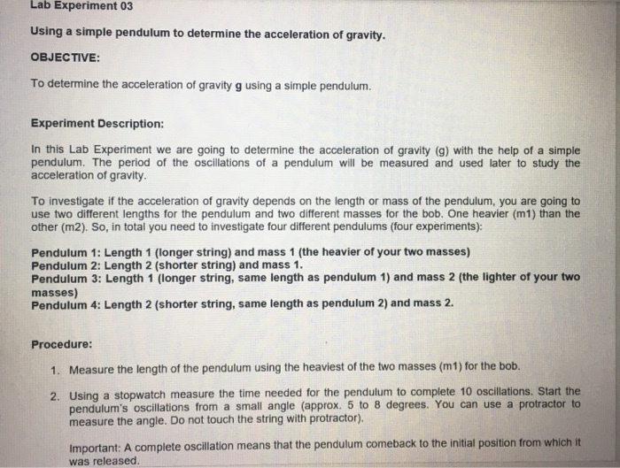 Lab Experiment 03 Using a simple pendulum to | Chegg.com