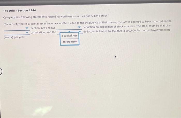 Solved Tax Drill - Section 1244 Complete the following | Chegg.com