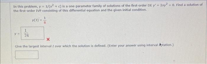 Solved In this problem, y=1/(x2+c) is a one-parameter family | Chegg.com
