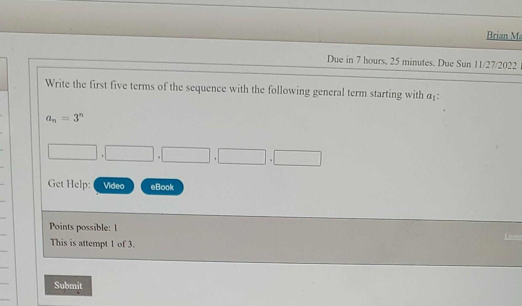 Solved Write the first five terms of the sequence with the | Chegg.com
