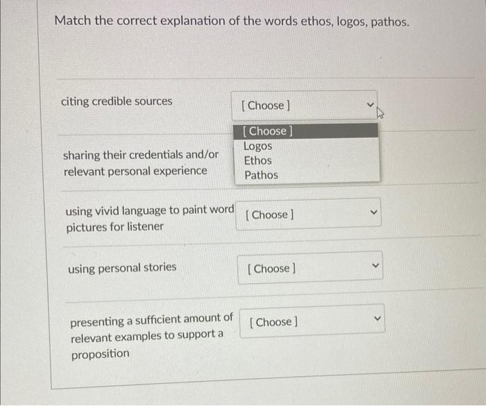 Match the correct explanation of the words ethos, | Chegg.com