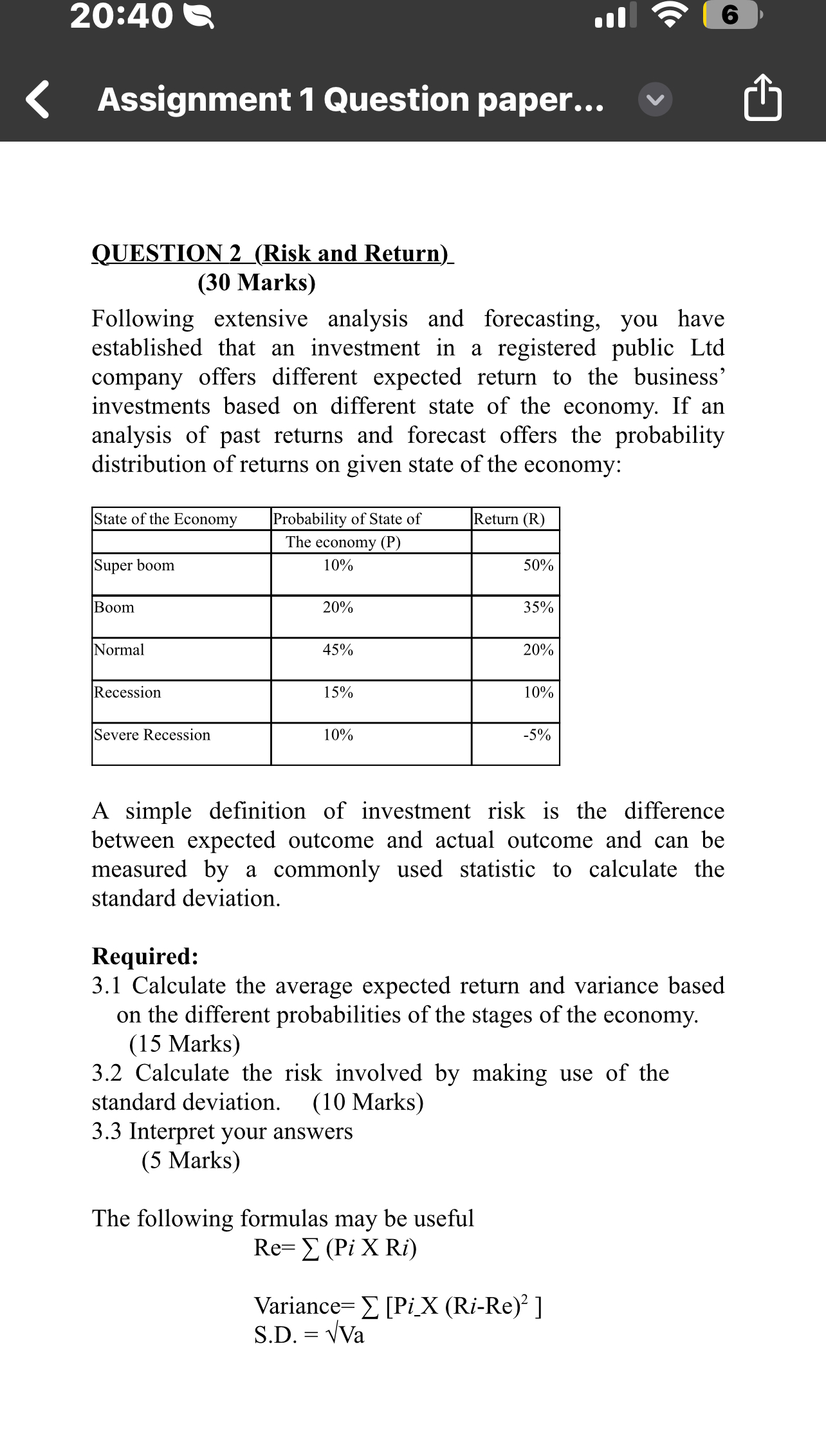 Solved 20:40?Assignment 1 ﻿Question paper...QUESTION 2 (Risk | Chegg.com