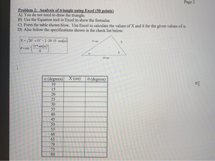 Solved Page 2 Problem 2: Analysis of triangle using Excel | Chegg.com