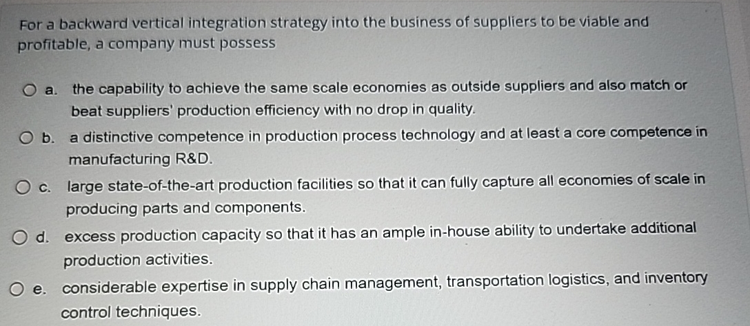Solved For a backward vertical integration strategy into the | Chegg.com