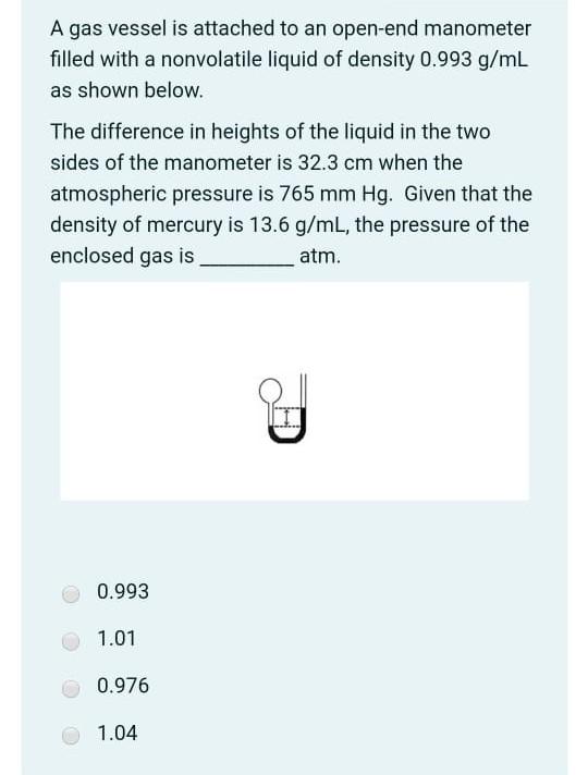 Solved A gas vessel is attached to an open-end manometer | Chegg.com