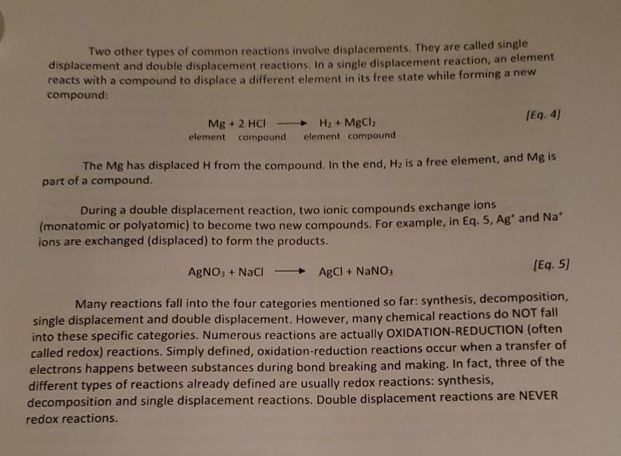 Solved Three Chemical Reactions Pre-lab Assignment 1. Using | Chegg.com