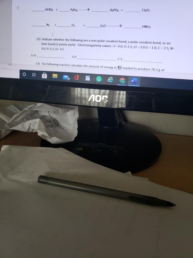 Solved HCIO + P4H10 → H3PO4 + Cl207 N2 02 H20 → HNO3 T 12) | Chegg.com