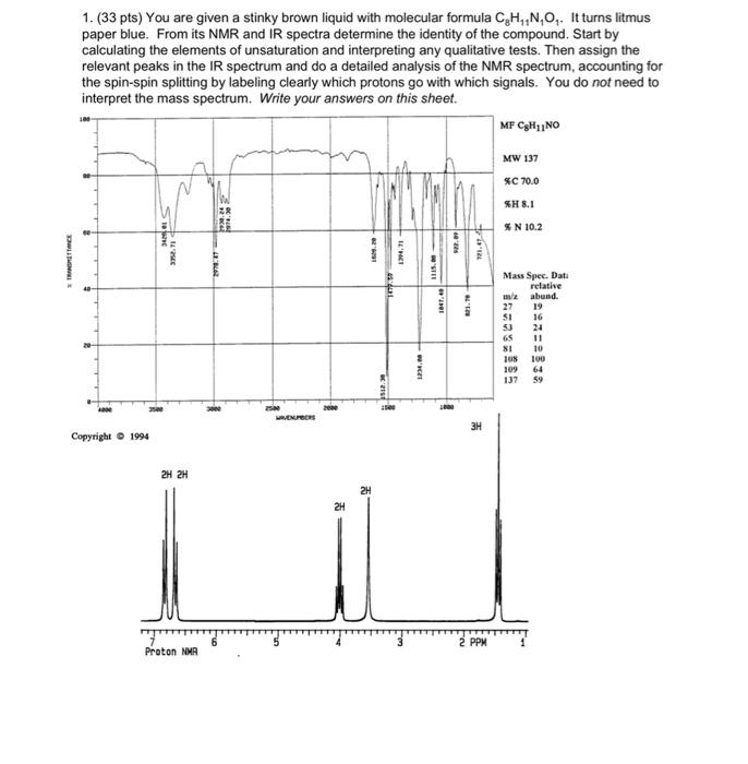 1. (33 pts) You are given a stinky brown liquid with | Chegg.com