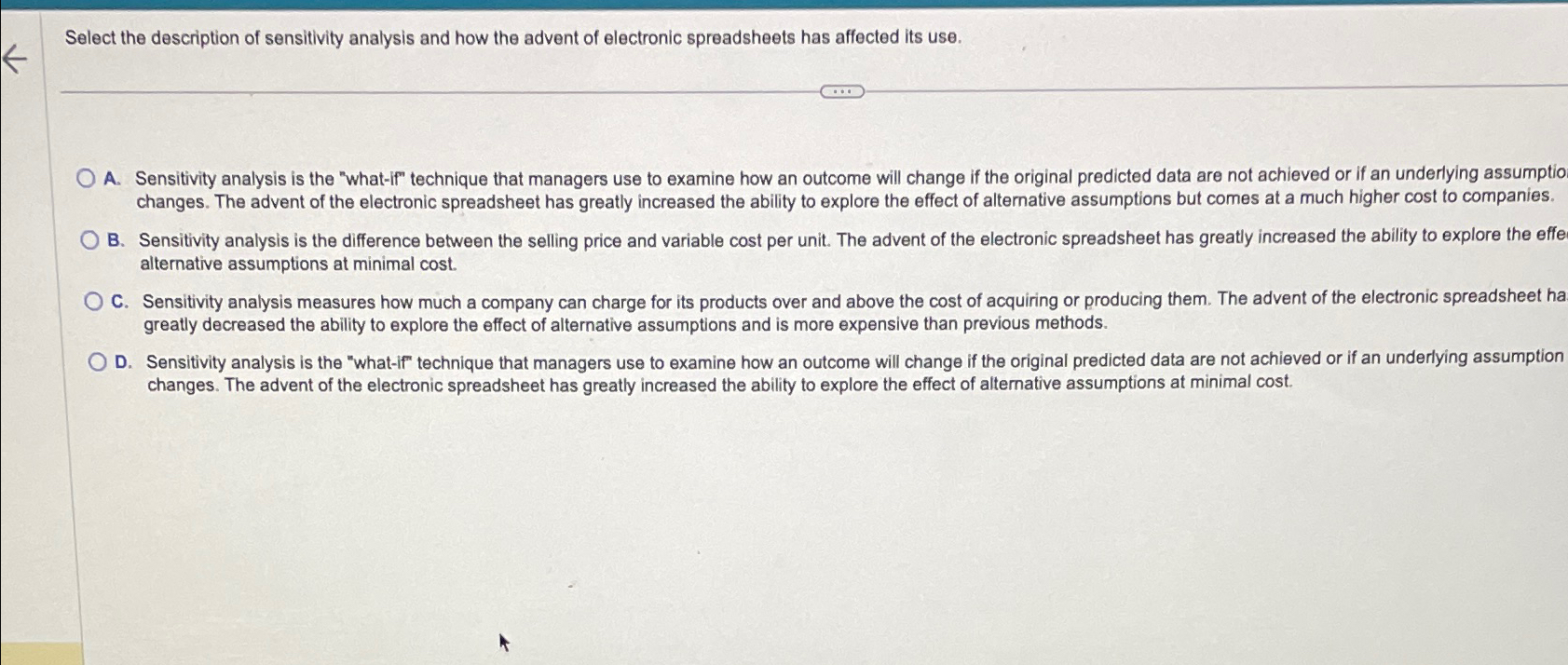 Solved Select the description of sensitivity analysis and | Chegg.com