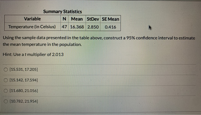 Solved Summary Statistics Variable N Mean StDev SE Mean | Chegg.com