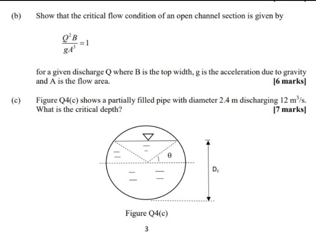 Solved (b) Show that the critical flow condition of an open | Chegg.com