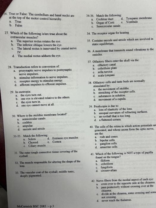 Solved 26. True or False: The cerebellum and basal nuclei | Chegg.com