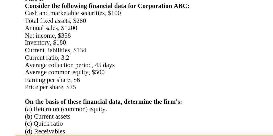 Solved Consider the following financial data for Corporation | Chegg.com