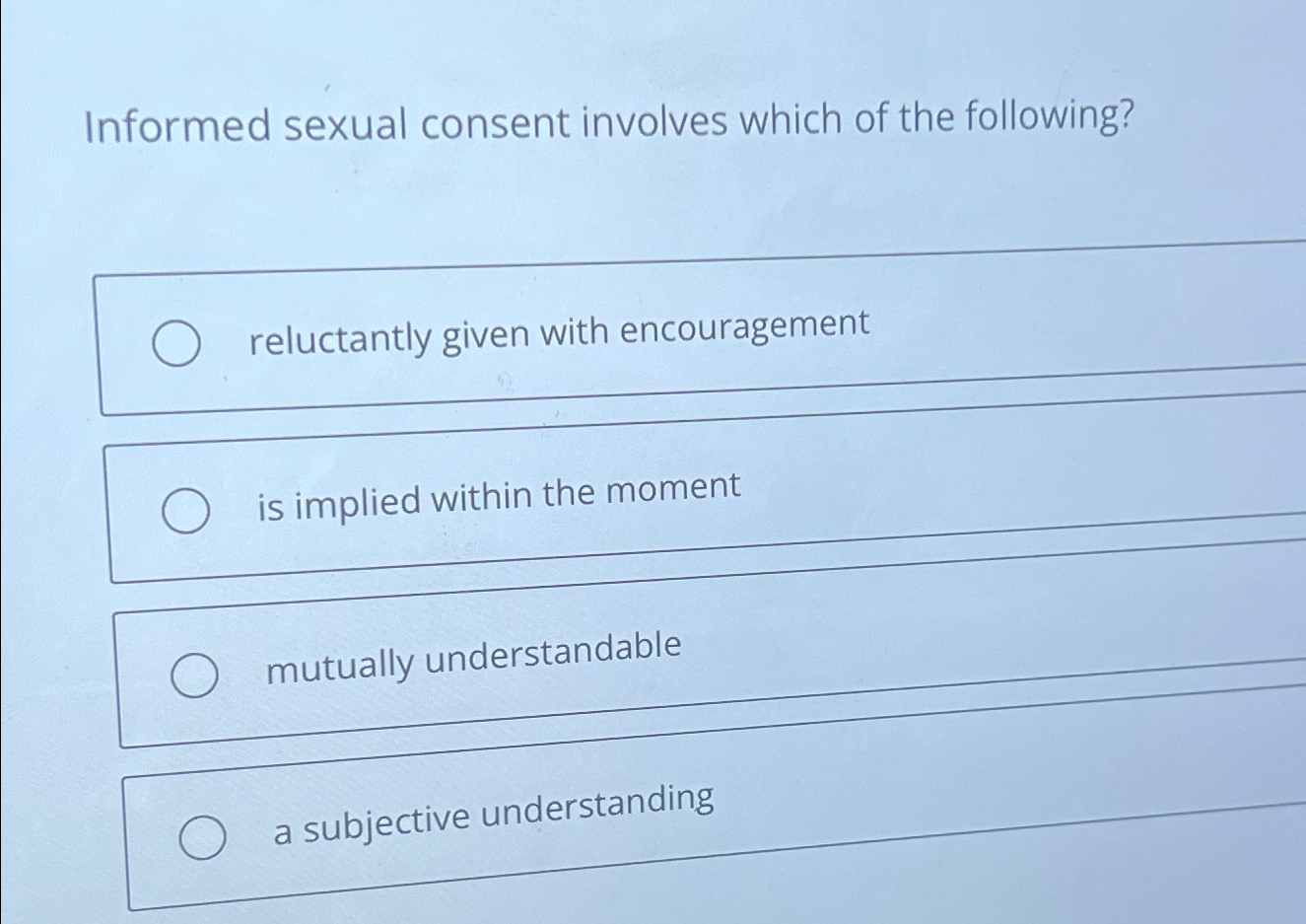 Solved Informed sexual consent involves which of the | Chegg.com