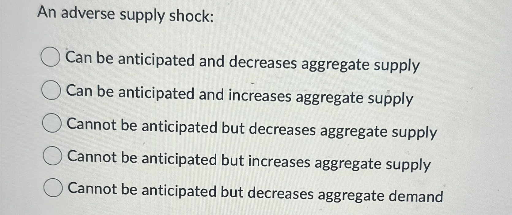 Solved An adverse supply shock:Can be anticipated and | Chegg.com