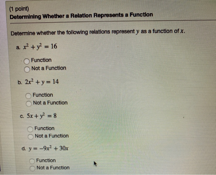 Solved (1 point) Determining Whether a Relation Represents a | Chegg.com