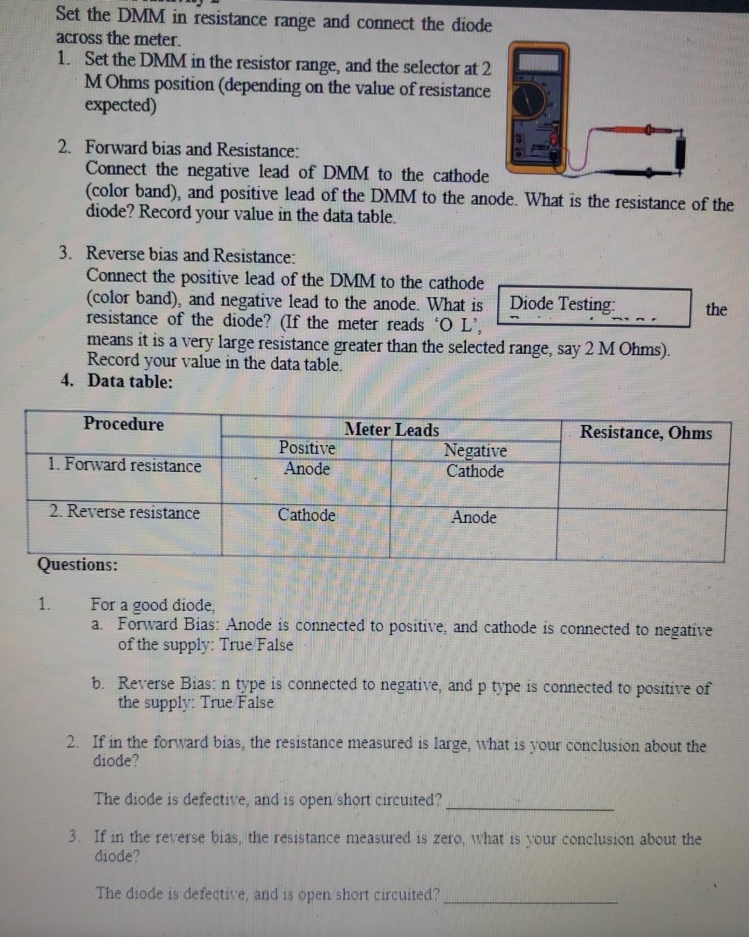 Solved Set the DMM in resistance range and connect the diode | Chegg.com