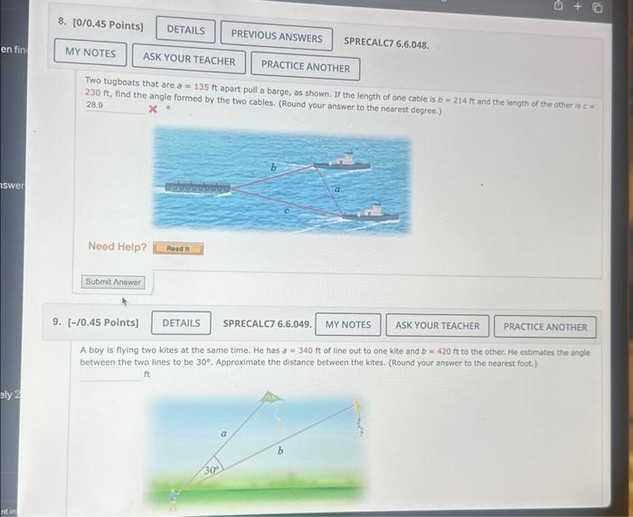 Solved Two tugboats that are a=135ft apart pull a barge, as | Chegg.com