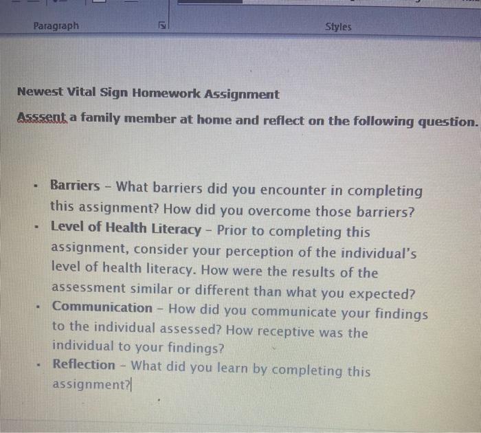 Solved Paragraph 17 Styles Newest Vital Sign Homework | Chegg.com