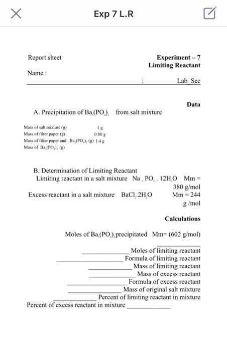 Solved Х Exp 7 L.R Report sheet Experiment -7 Limiting | Chegg.com
