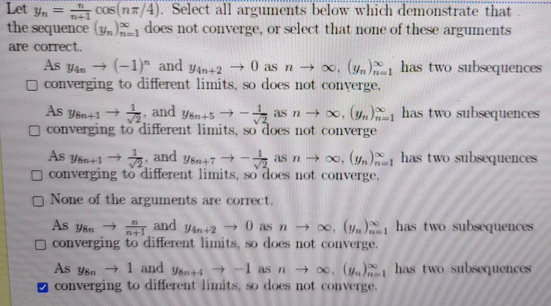 Solved WWWWW HE Let yn 2+1 0 COS(12/4). Select all arguments | Chegg.com