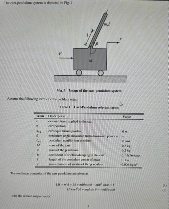 Solved The cart-pendulum system is depicted in Fig. 1. Fig. | Chegg.com