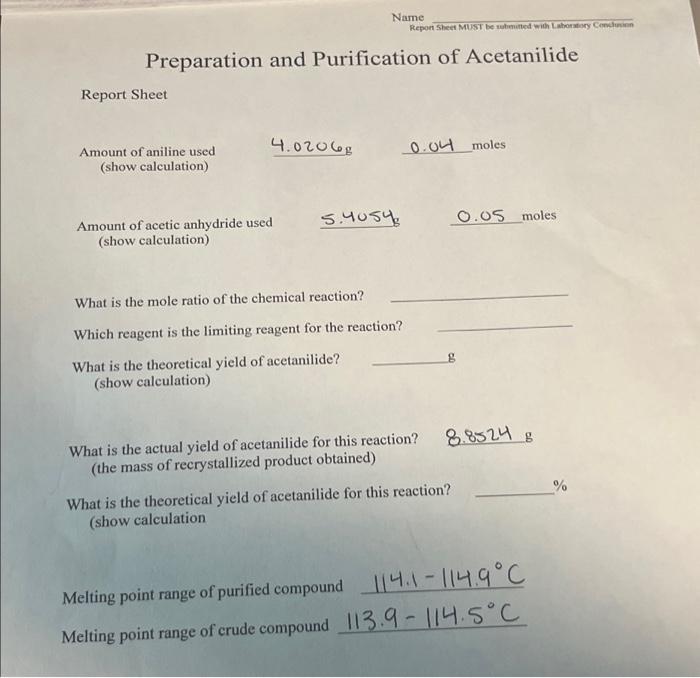 Solved Preparation and Purification of Acetanilide Report | Chegg.com