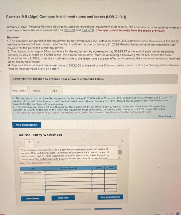 Exercise 9-9 (Algo) Compare installment notes and | Chegg.com